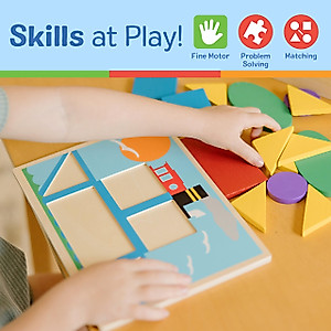 Melissa & Doug Beginner Wooden Pattern Blocks Educational Toy With 5 Double-Sided Scenes and 30 Shapes