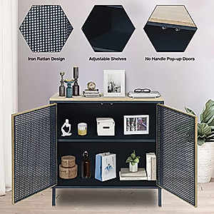 ORRD Accent Cabinet, Sideboard Buffet Cabinet Kitchen Storage Cabinet Console Televison Table with 2 Iron Rattan No Handle Pop-up Doors and Adjustable Shelves for Living Room, Dining Room (Blue)