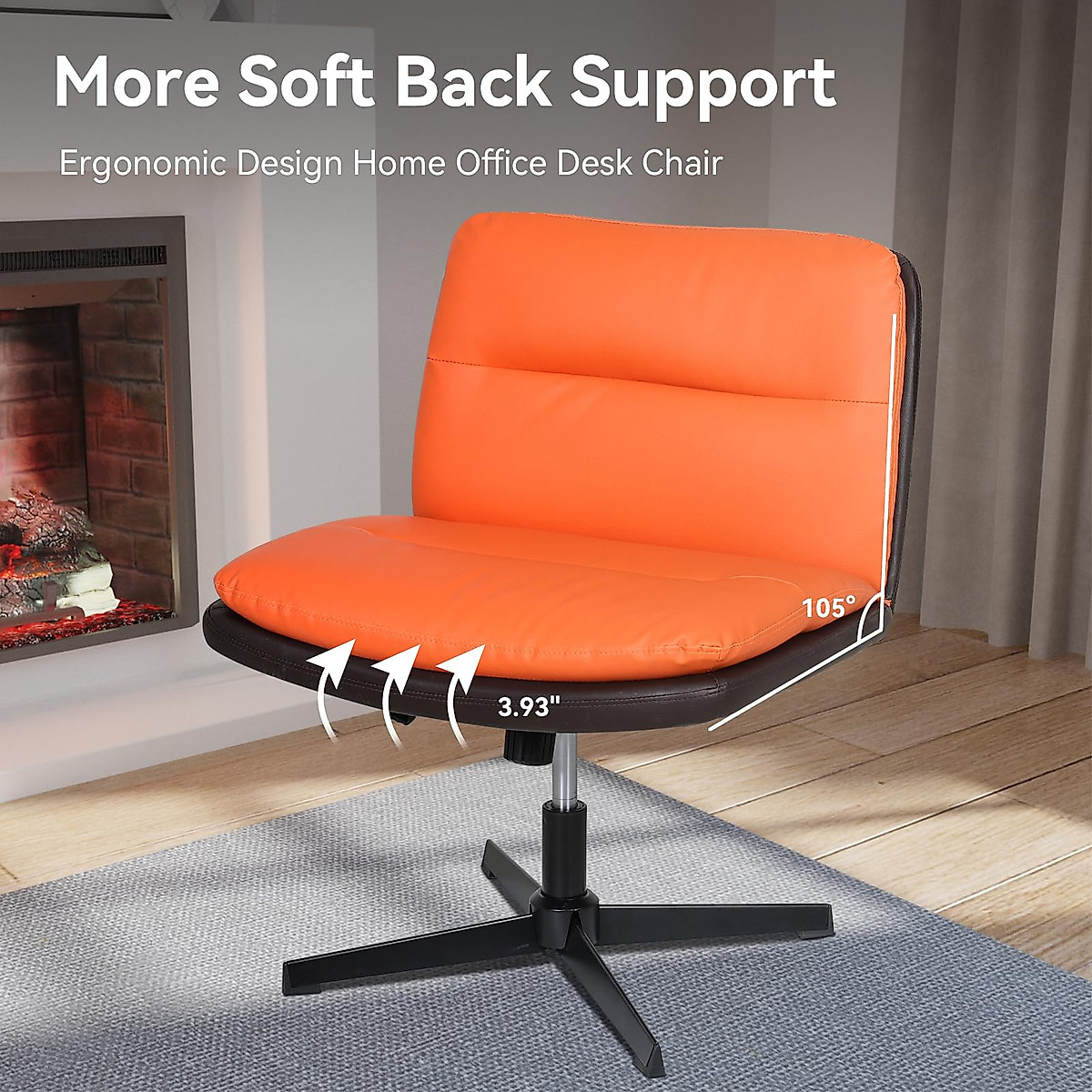 ELECWISH Criss Cross Office Chair, Armless Cross Legged Desk Chair No Wheels, PU Leather Applesauce Office Chair Wide Padded Home Office Chair for Bedroom, Living Room(Orange+Brown)