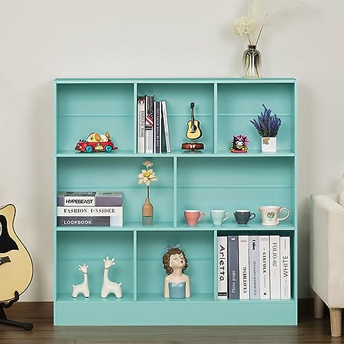 LEYAOYAO 8 Cube Bookshelf with Base,3 Tier Modern Mint-Green Kids Bookcase,Standing Wide Bookshelves Storage Organizer Toy Shelf,Wood Display Children's Book Shelves for Bedroom,Living Room,Nursery