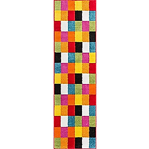 Well Woven Modern Rug Squares Multi Geometric Accent Area Rug 2'X7'3'' Runner Entry Way Bright Kids Room Kitchn Bedroom Carpet Bathroom Soft Durable Area Rug