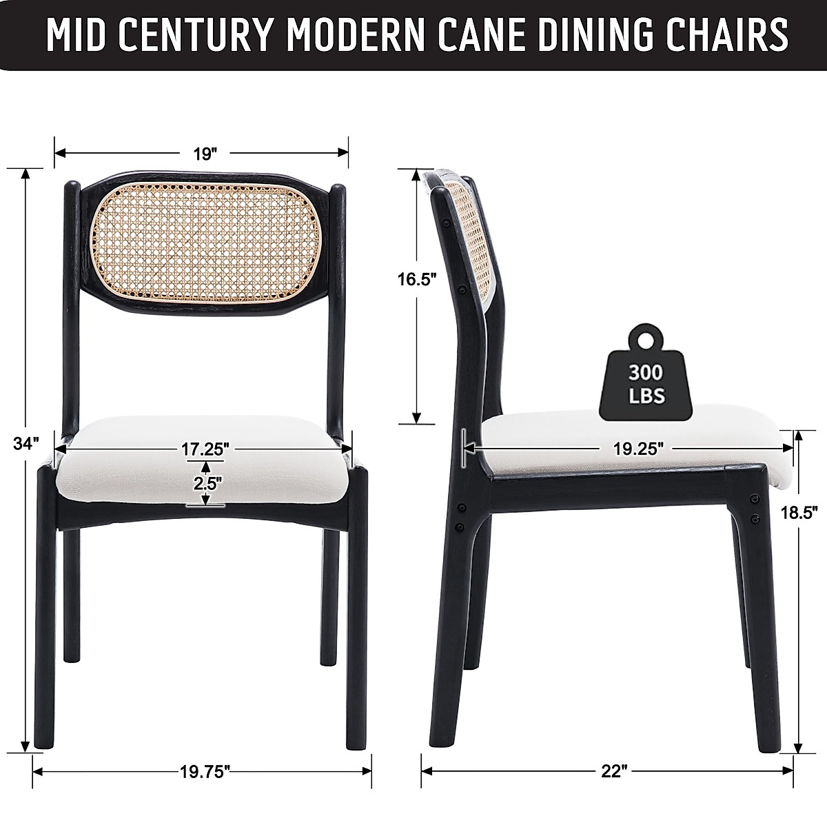 Shunzhi Modern Dining Chairs Set of 2 with Rattan Back and Black Wood Legs, Mid Century Cane Dining Room Chairs Farmhouse Upholstered Kitchen Chairs for Dining Room/Restaurants, White Linen