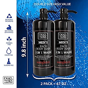 Dead Sea Collection 3 in 1 Body Wash for Men – Sandalwood Cleanser for Body, Hair and Face - Pack of 2 Bottles (33,8 Fl. Oz. Each)