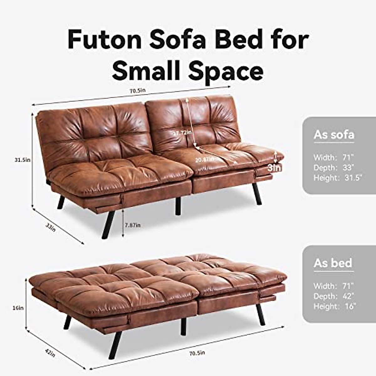 Opoiar Futon Memory Foam Couch Bed with Mattress and Frame Included,Comfortable Faxu Loveseat Sleeper Sofa for Dorm Apartment Office College Small Space Bedroom RV Living Room, Brown Leather