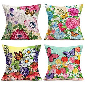 Doitely Set of 4 Butterfly Series Throw Pillow Cases Colorful Blossoming Flowers Decorative Cushion Cover for Home Sofa Garden Outdoor Decor Pillowcase 18"x 18" (Colorful Butterfly)