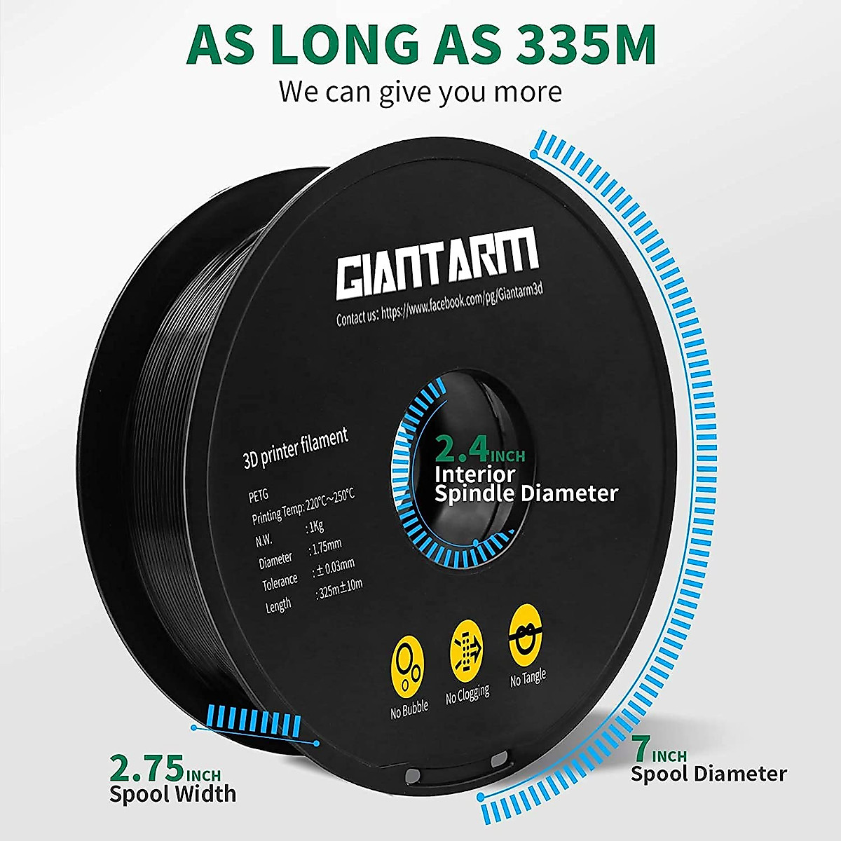 GIANTARM Black PETG 3D Printer Filament Toughness Enhanced 1kg (2.2lbs), 1.75mm Dimensional Accuracy +/-0.03mm, 1080 Feet（330m)/Roll, Vacuum Package, Fit for Most 3D FDM Printer