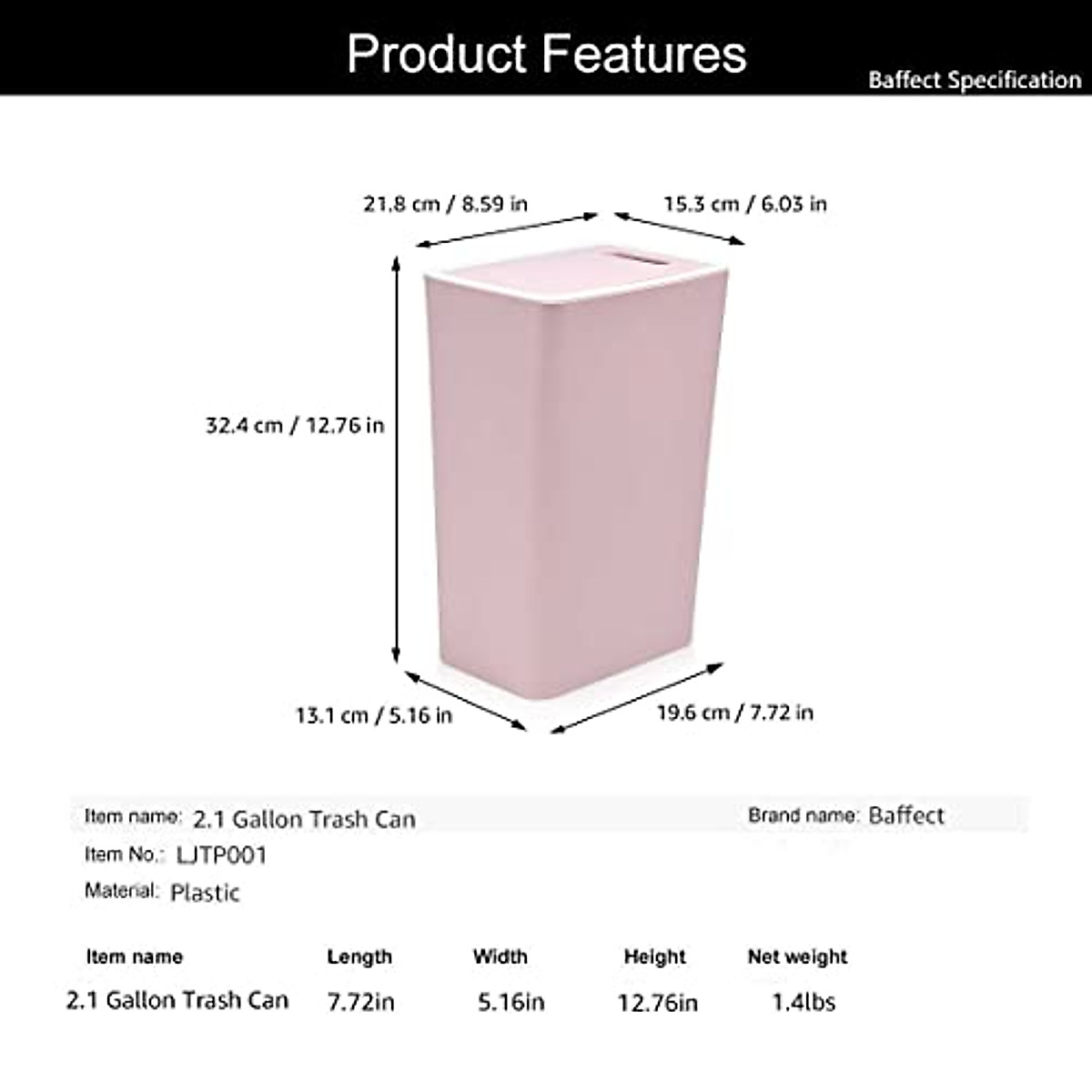 Baffect Small Trash Can with Lid Waste Basket Bathroom Garbage Can Dorm Room Essentials for Bedroom, Office, College-2.1 Gallon (Pink)