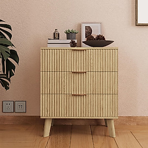wirrytor 3 Drawer Dresser with Waveform Panel, Modern Closet Dressers Chest of Drawers, Wood Storage Dresser Chest of Drawers for Bedroom Living Room Hallway Closet(Natural)