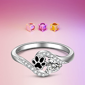 LOVGIFSET Dog Cat Paw Print Ring Pawprint Ring for Women Paw Rings Sterling Silver Paws Prints On My Heart Puppy Pet Jewelry Size 9