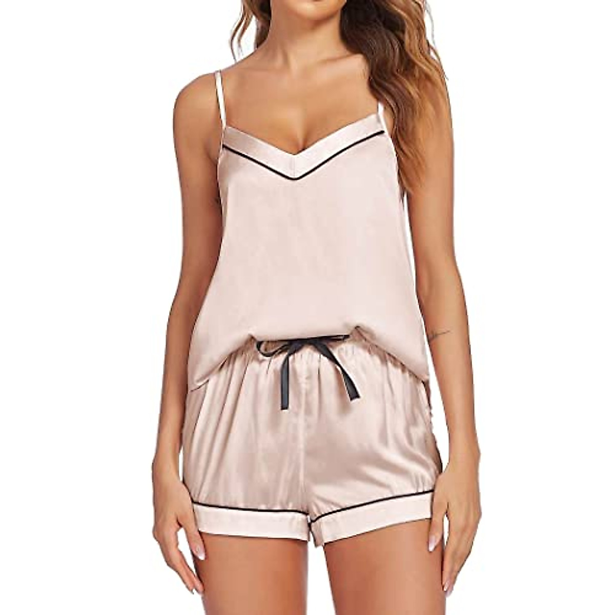 Ekouaer Sleepwear Set Women's Satin Cami Sleep Shirts with Short Lounge Shorts Silk Soft Pjs Set Valentines Gifts (Champagne,M)
