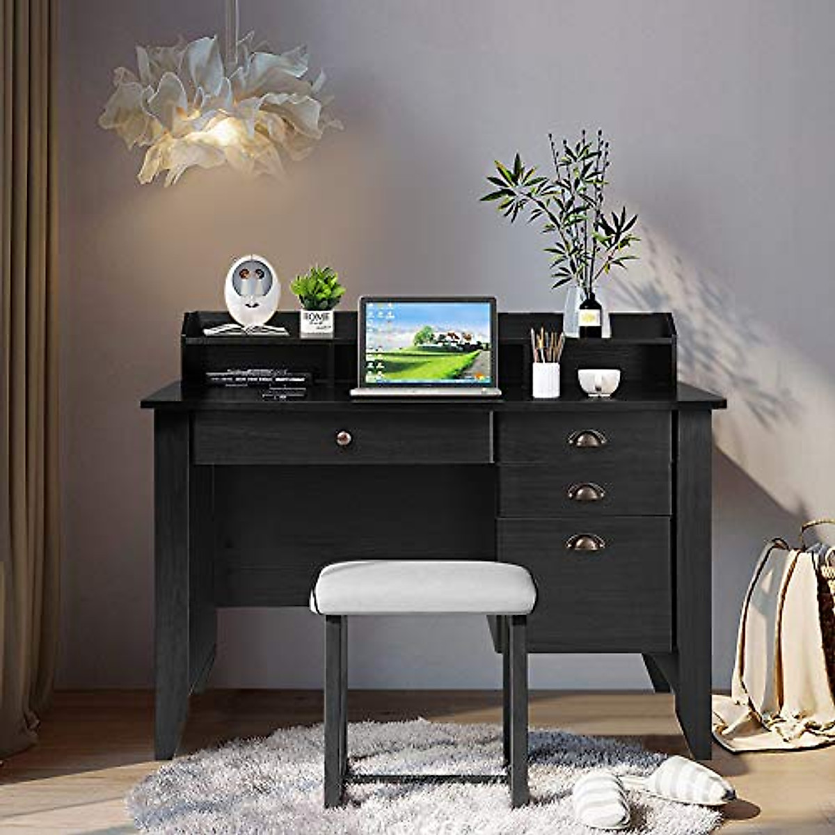 WATERJOY 48" Computer Desk with 4 Storage Drawers and Hutch Wood Executive Table for PC Laptop Table
