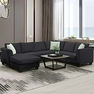 Modern Large U-Shape Sectional Sofa Set, 7 Seat Fabric Sofaset with Movable Ottoman