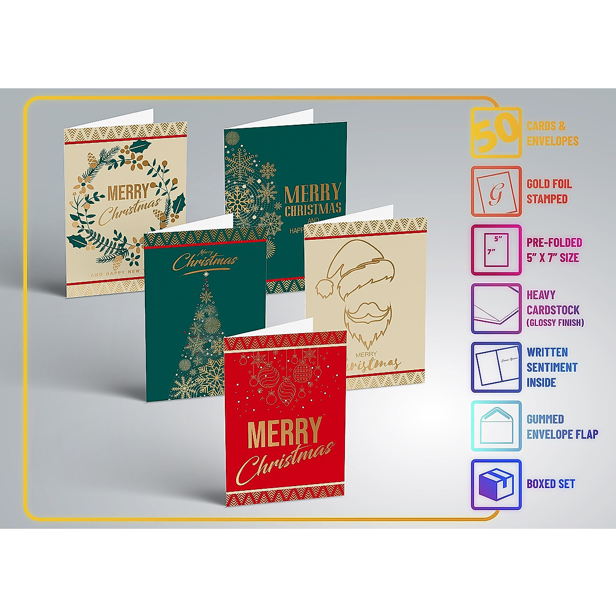 Better Office Products 50 Pack Christmas Cards with Gold Foil Iconic Images, 5" x 7", High Gloss, Gold Foil Interior Greeting, with 50 Envelopes, 50 Count Boxed Set
