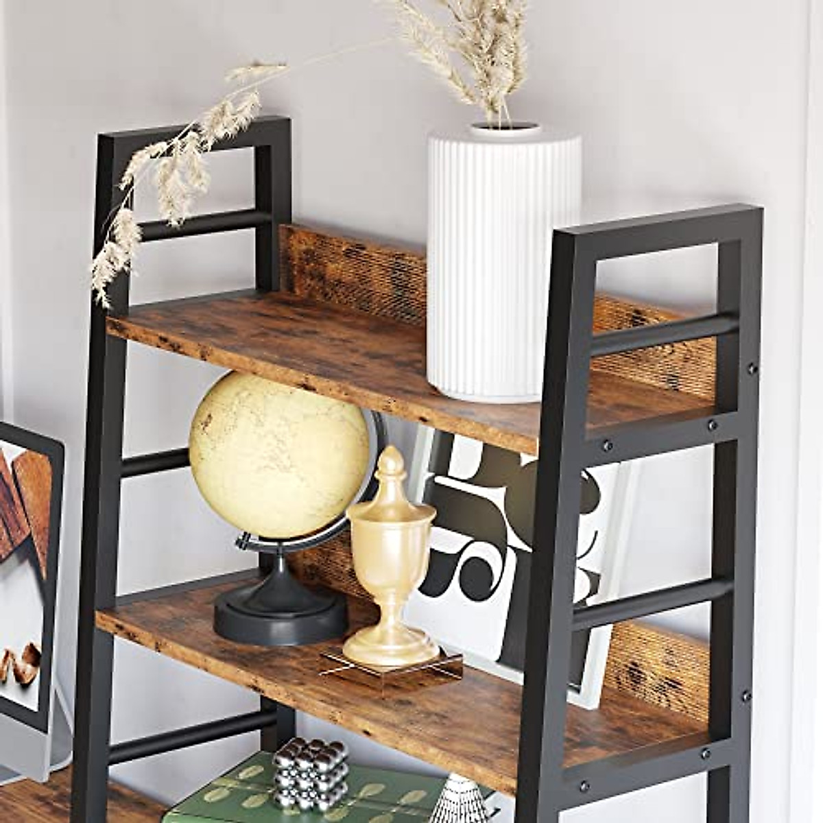 IRONCK Bookshelf with Louvered Doors, 4-Tier Ladder Shelf with Cabinet Industrial Accent Furniture for Bedroom Living Room Home Office, Rustic Brown