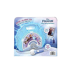 eKids Frozen Sing Along Boom Box Speaker with Microphone for Fans of Frozen Toys for Girls, Kids Karaoke Machine with Built in Music and Flashing Lights , Blue, 3.5mm Audio Jack