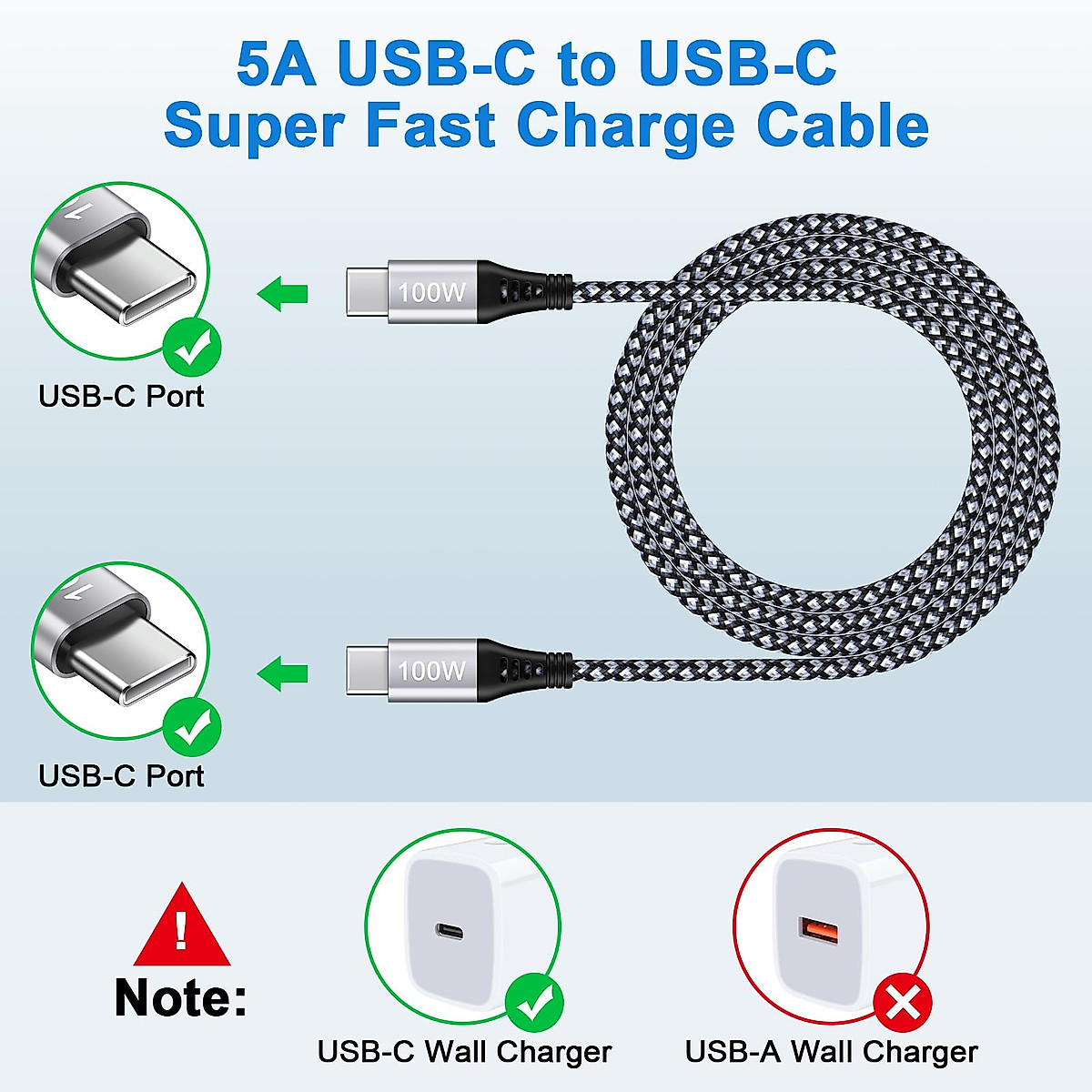 Pixel 100W Type C to Type C Cable for Google Pixel 9 8a 8 Pro 7a 7 Pro 6, 6ft PD 5A Fast Charging USB C to USB C Cable Nylon Braided Type C Cable for iPhone 16 15,Samsung S25 S24 S23 S22 A55 A15 A54