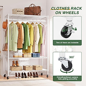 LEHOM G1L 3 Tiers Garment Rack with Storage Shelves, Heavy Duty Rolling Free-Standing Clothing Rack Closet Organizer with Double Rods/Lockable Wheels & 2 Side Hooks, Max Load 450 LBS, White