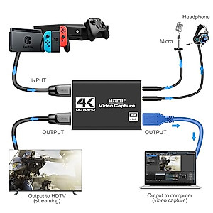 4K HDMI Capture Card for Streaming, Full HD 1080P 60FPS USB Cam Link Game Audio Video Capture Card Nintendo Switch/PS5/3ds/Xbox/PS4 (Black)