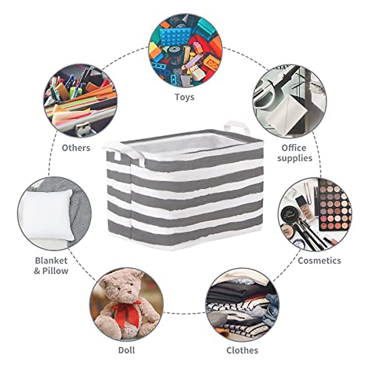 Consmos Rectangle Storage Baskets for Organizing Shelves Set of 3, Collapsible Canvas Storage Bins Nursery Hamper Toy Storage Organizer with Handles for Toys Books Clothes, Gray& White Stripe