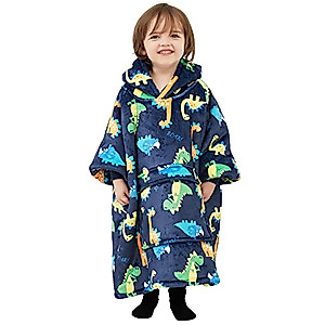 Lzzidou Oversized Wearable Blanket Hoodie for Kids 2-6YR, Two Layers Cozy Flannel Sherpa Blanket Sweatshirt Printed