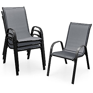 Giantex Set of 4 Patio Chairs, Outdoor Stackable Dining Chairs w/Armrests, 330 LBS Capacity, All Weather Fabric, Heavy Duty Rustproof Steel Frame, Lawn Chairs for Porch, Yard, Pool, Garden (Gray)