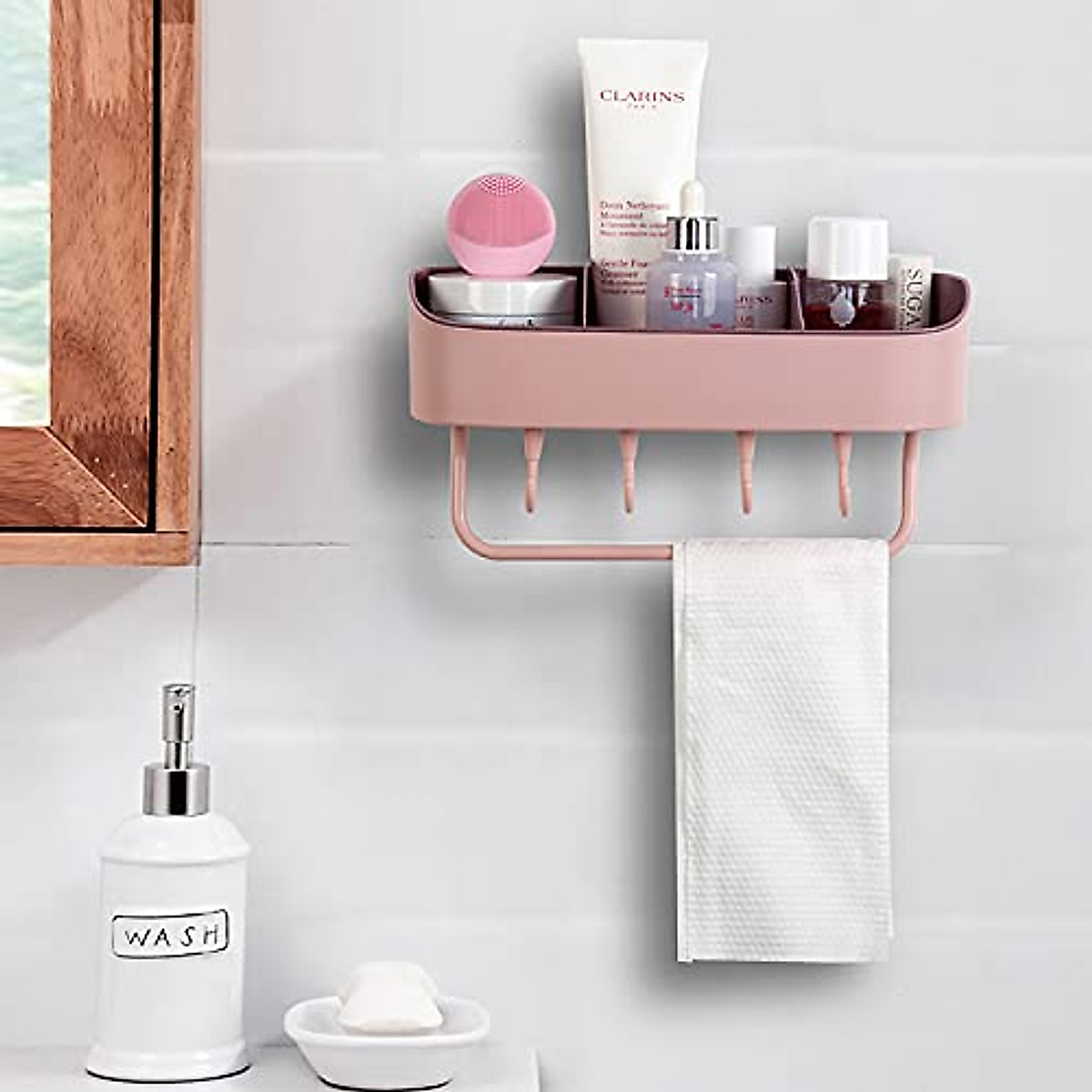 KUAW ,Shower Caddy, Self Adhesive Wall Mounted Shower Rack, Kitchen Hanging Tray Storage Rack, Shampoo Storage Basket Soap Rack With 4 Hooks And 1 Towel Rack, For Bathroom, Kitchen, No Drilling, Pink