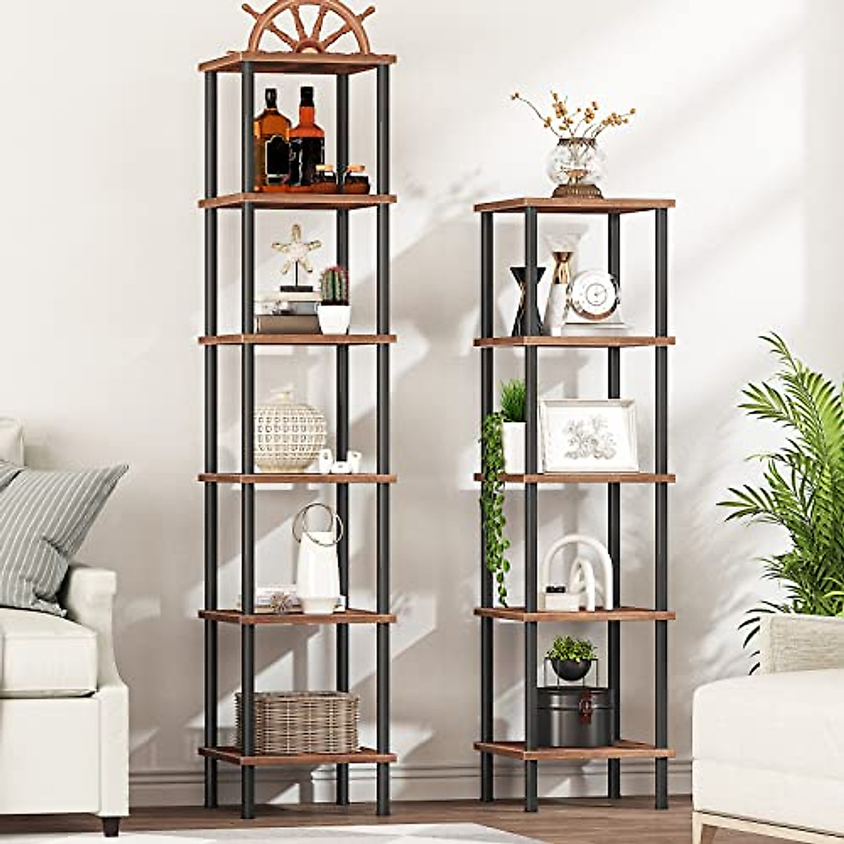 HOOBRO 5-Tier Corner Shelf Stand, Corner Square Rack Display Shelf, Tall Storage Rack Plant Stand, Corner Bookcase for Small Spaces, Living Room, Home Office, Kitchen, Rustic Brown and Black BF50CJ01