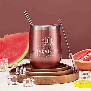Crisky Rose Gold 40 & Fabulous Wine Tumbler for Women 40th Birthday Gifts for Women, Wife, Mom, Sister, Aunt, Friends, Coworker Her, Vacuum Insulated Coffee Cup,12oz with Box, Lid, Straw