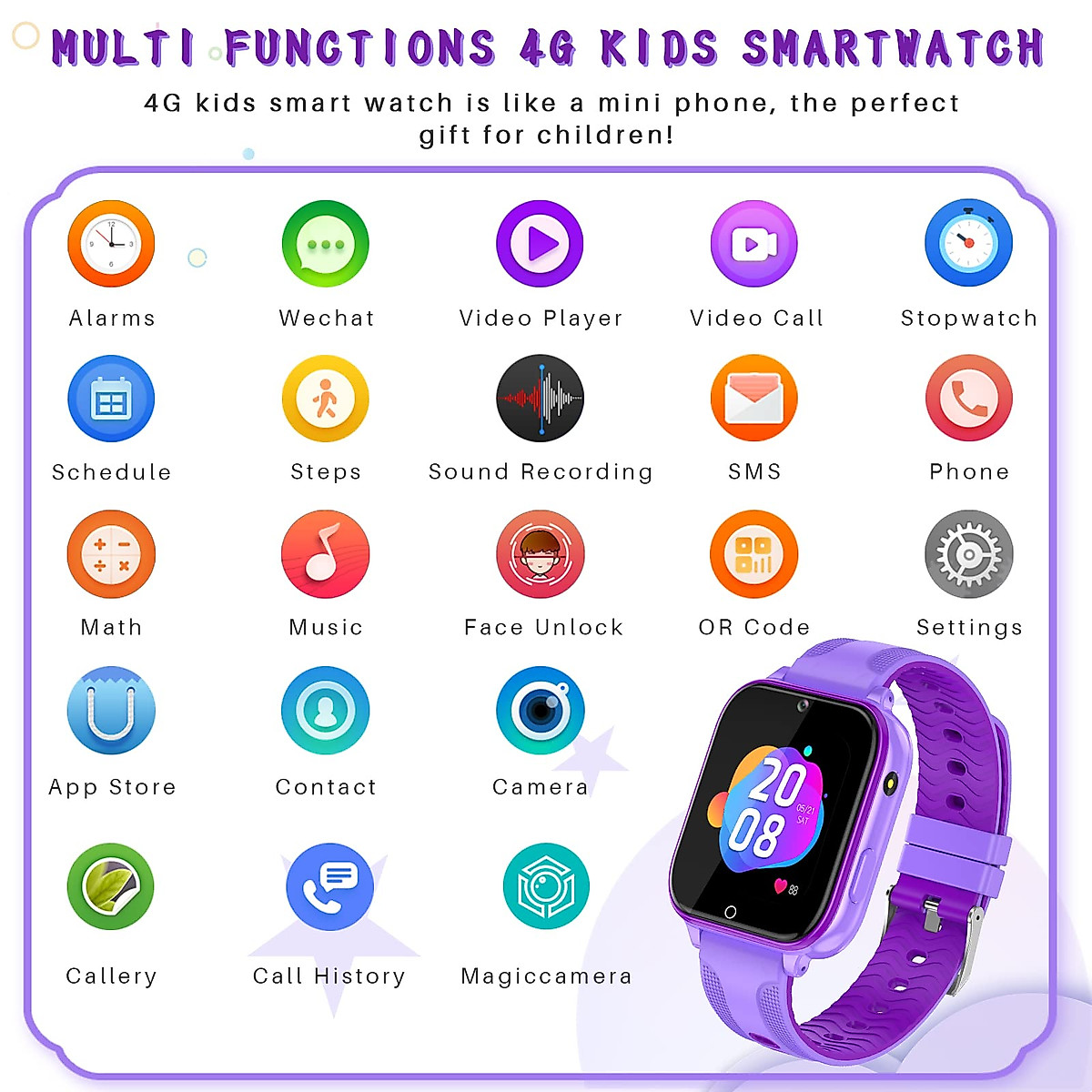 cjc 4G Kids Smart Watch with GPS Tracker and Calling, 2 Way Call SOS Kids Cell Phone Watch, Touch Screen Watch,3-15 Years Boys Girls Birthday (t10 Purple)