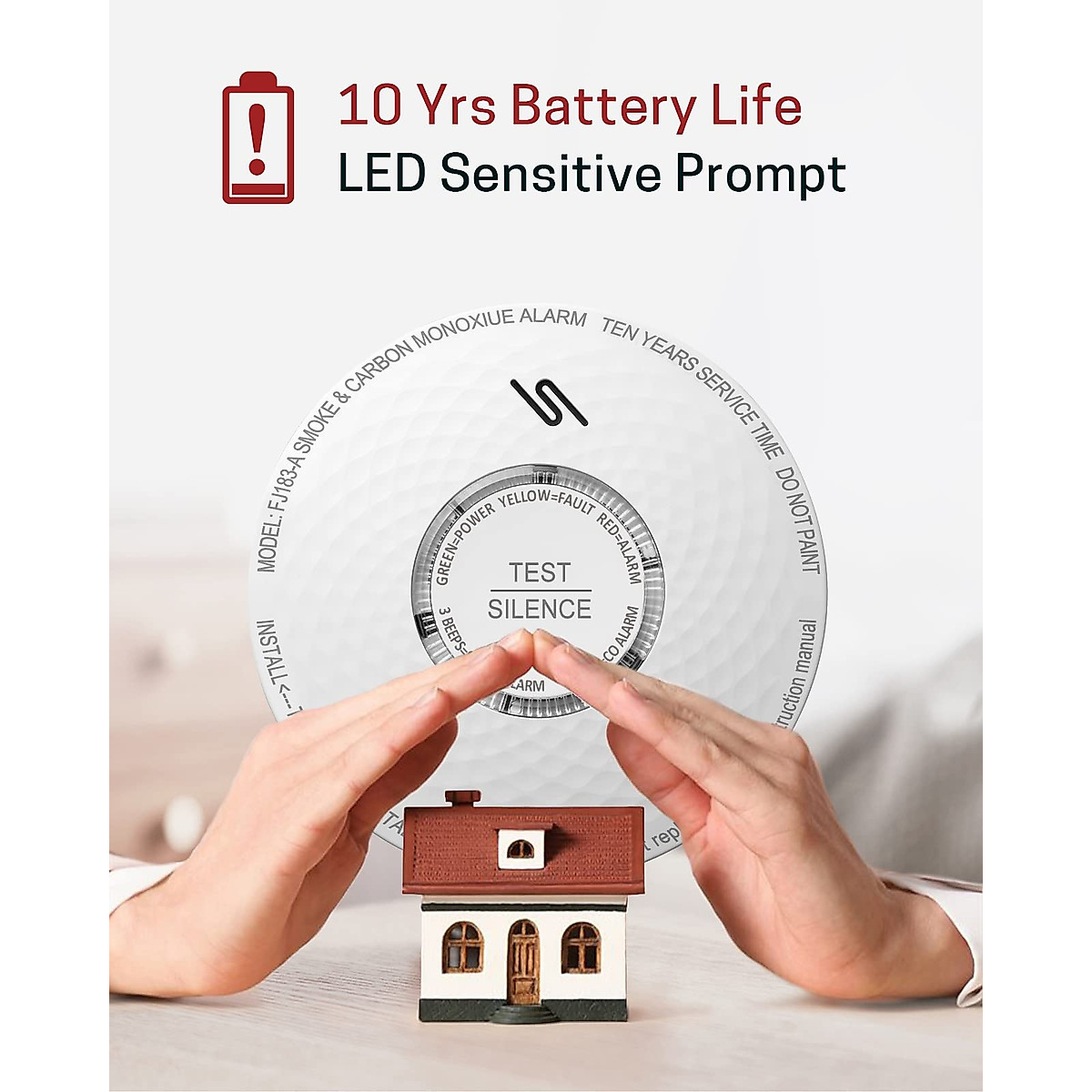 Ecoey 10-Year Smoke and Carbon Monoxide Detector, Dual Sensor Smoke CO Alarm with Built-in Battery and Silence Function,FJ183-A,4 Packs