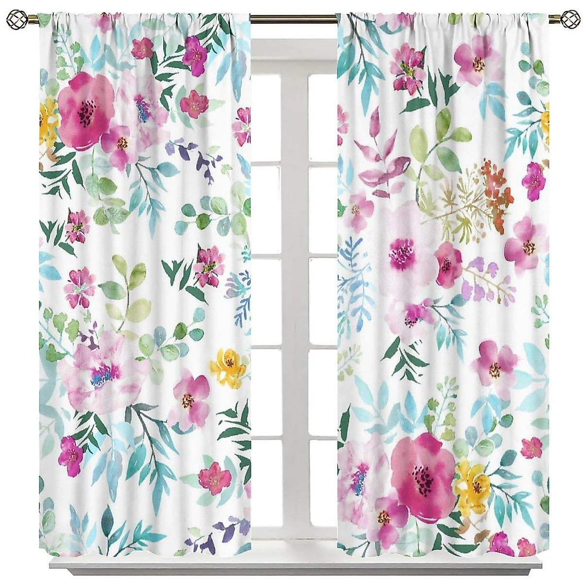 Floral Plant Blackout Curtains,Pink Watercolor Floral Girls Kids Home Window Treatments for Home Living Room Bedroom Drapes 52x84in