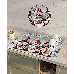 Red Gnomes Dish Drying Mat for Kitchen Counter, Super Absorbent Quick Dry Coffee Bar Mat Pad Thin Diatomaceous Sink Mat Non Slip Dish Drainer Mat 16''x24'' Christmas Winter Fantasy Snowflake
