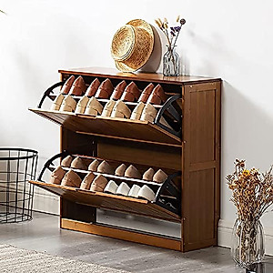 SoOSSN Farmhouse Entry Decorative Furniture,Natural Bamboo Shoe Cabinet Hidden Shoe Storage,Rustic Entryway Cabinet Shoe Organizer with Shoe Rack (Color : Two Drawers-Double Layer, Size : 39x9x30inc