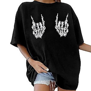 Skeleton Hand Oversized Tee Women Halloween Punk Rock Shirt Music Lover Rock N Roll Shirts Short Sleeve T Shirt Black