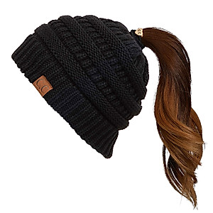 Hatsandscarf CC Exclusives Solid Color Beanie Tail Hat for Adult (MB-20A) (Black)