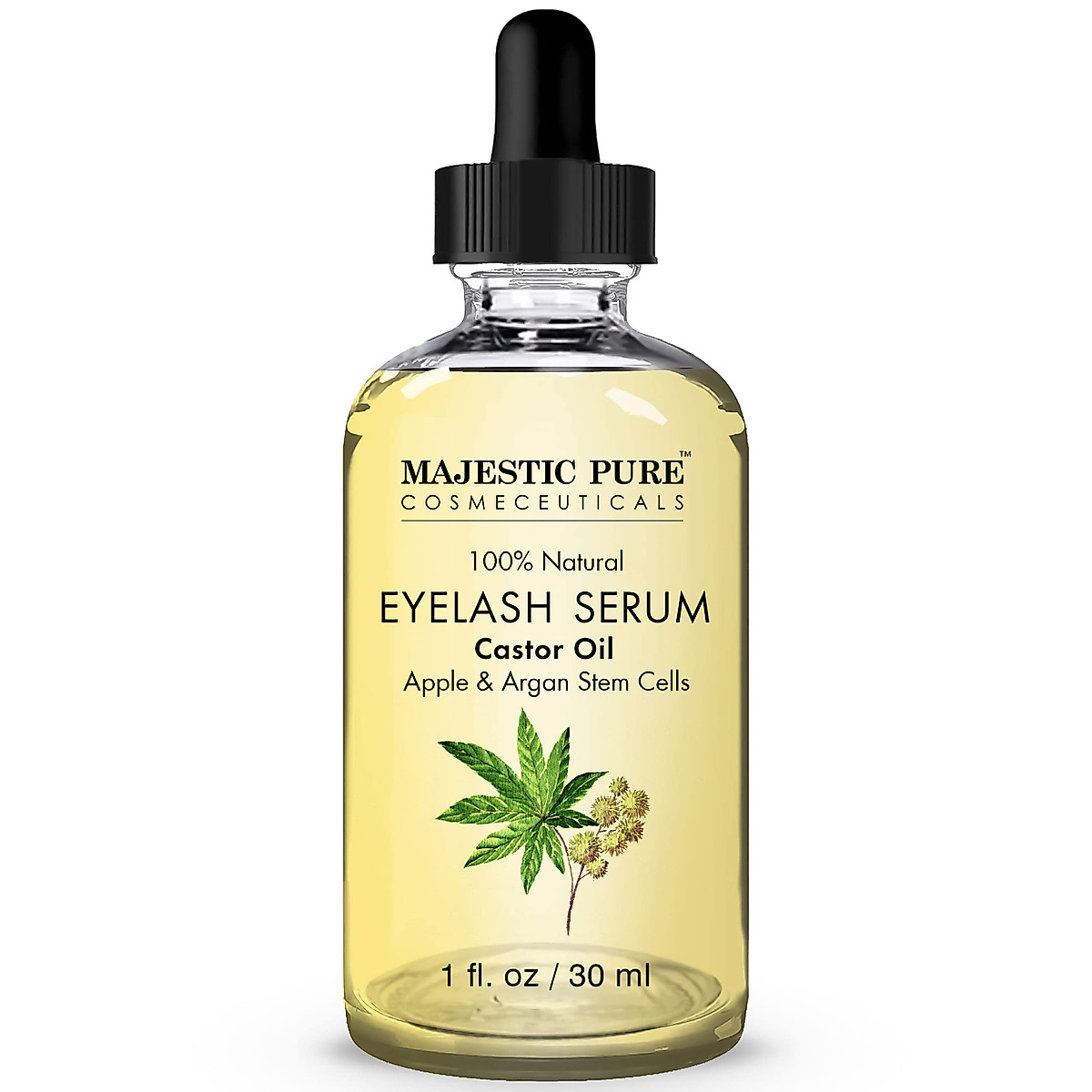 Majestic Pure Castor Oil Eyelash Serum - with Apple & Argan Stem Cells - Eyelash Growth Serum for longer thicker Eyelashes, Eyebrows & Hair - Free Set of Mascara Brush & Eyeliner Applicator - 1 fl oz