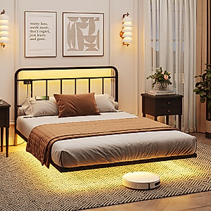 Fameill Queen Size Floating Bed Frame Metal Platform Bed with Vintage Style Headboard, with USB Charging Station, LED Lights No Box Spring Needed, Easy Assembly, Black