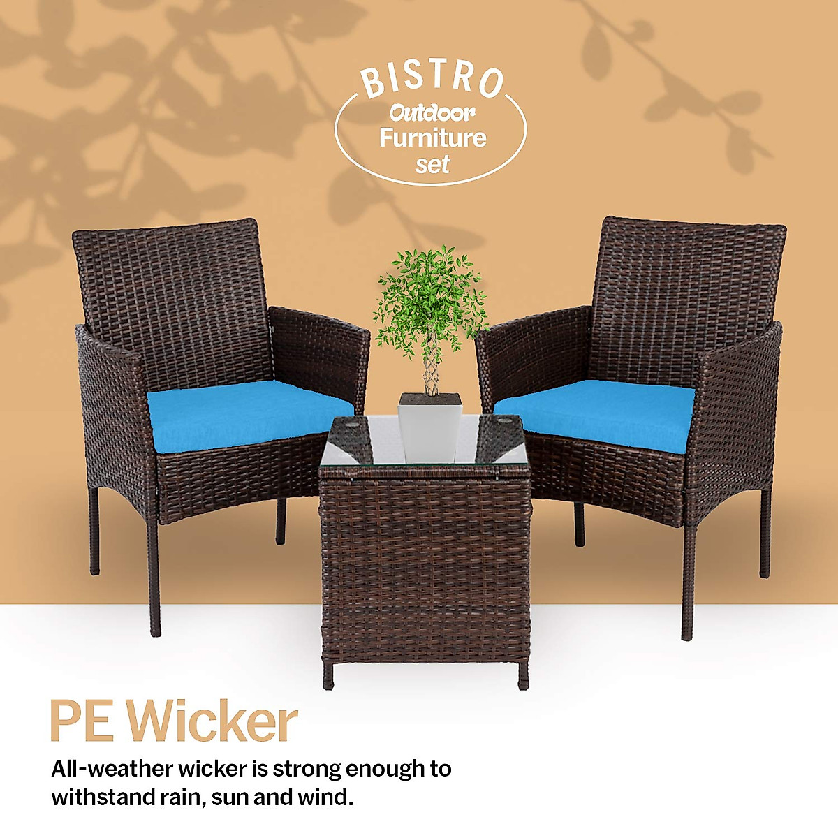 Pyramid Home Decor Alvino Patio Bistro Set 3-Piece Outdoor Wicker Furniture Sets, Modern Rattan Garden Conversation Chair with Thick Cushion and Glass Top Coffee Table (Light Blue)