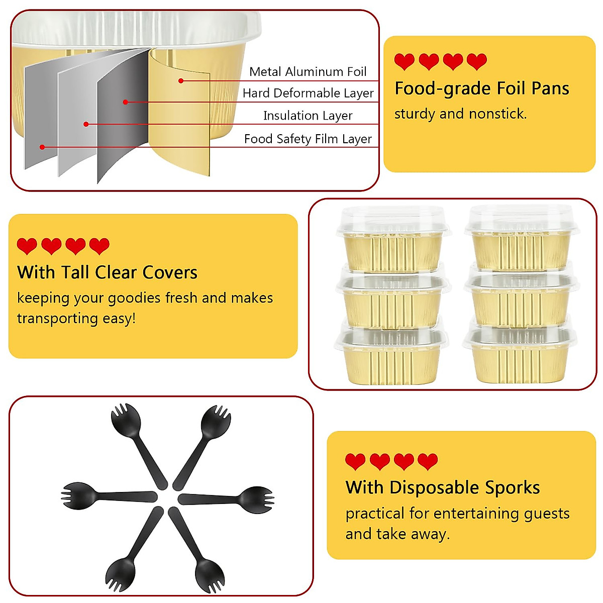 LNYZQUS Large Cupcake Liners Aluminum Pans With Lids 40 Pack, Square 10oz Small Cake Muffin Tin,Disposable Ramekins Baking Pan Containers For Brownie Mini Cake Bread Dessert-Gold