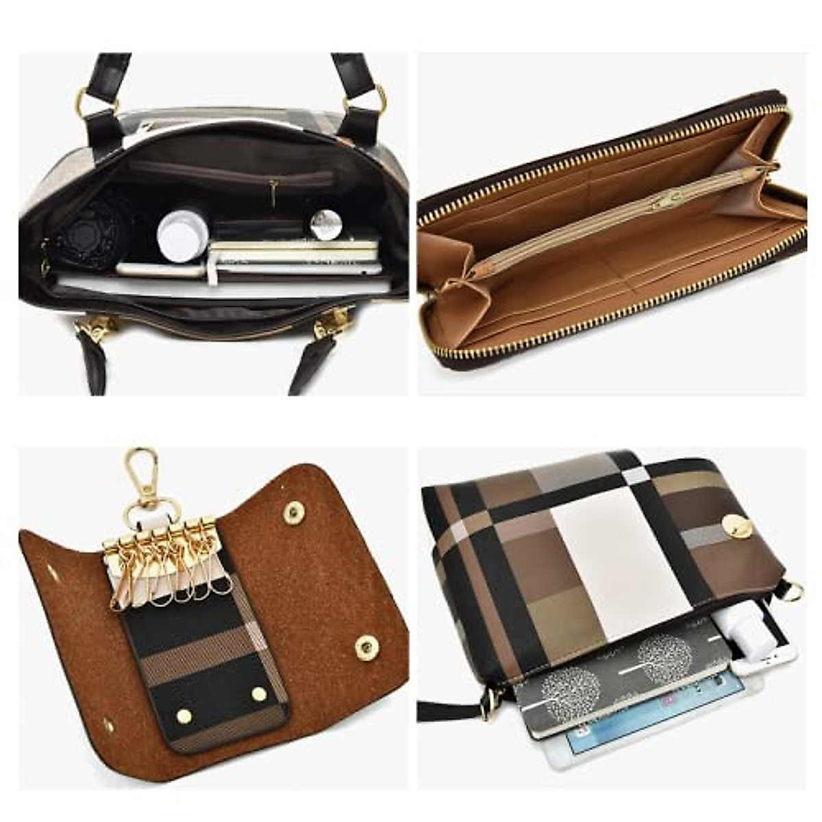 Women Fashion Handbags Wallet Tote Bag Shoulder Bag Top Handle Satchel Purse Set 4pcs (Brown)