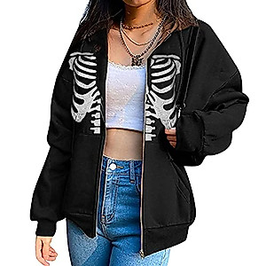 Women's Y2K Hoodie Vintage Skeleton Print Oversized Zip up Sweatshirt Pullover Sweatshirt 90S Cardigan Streetwear (Black Skeleton, Large)
