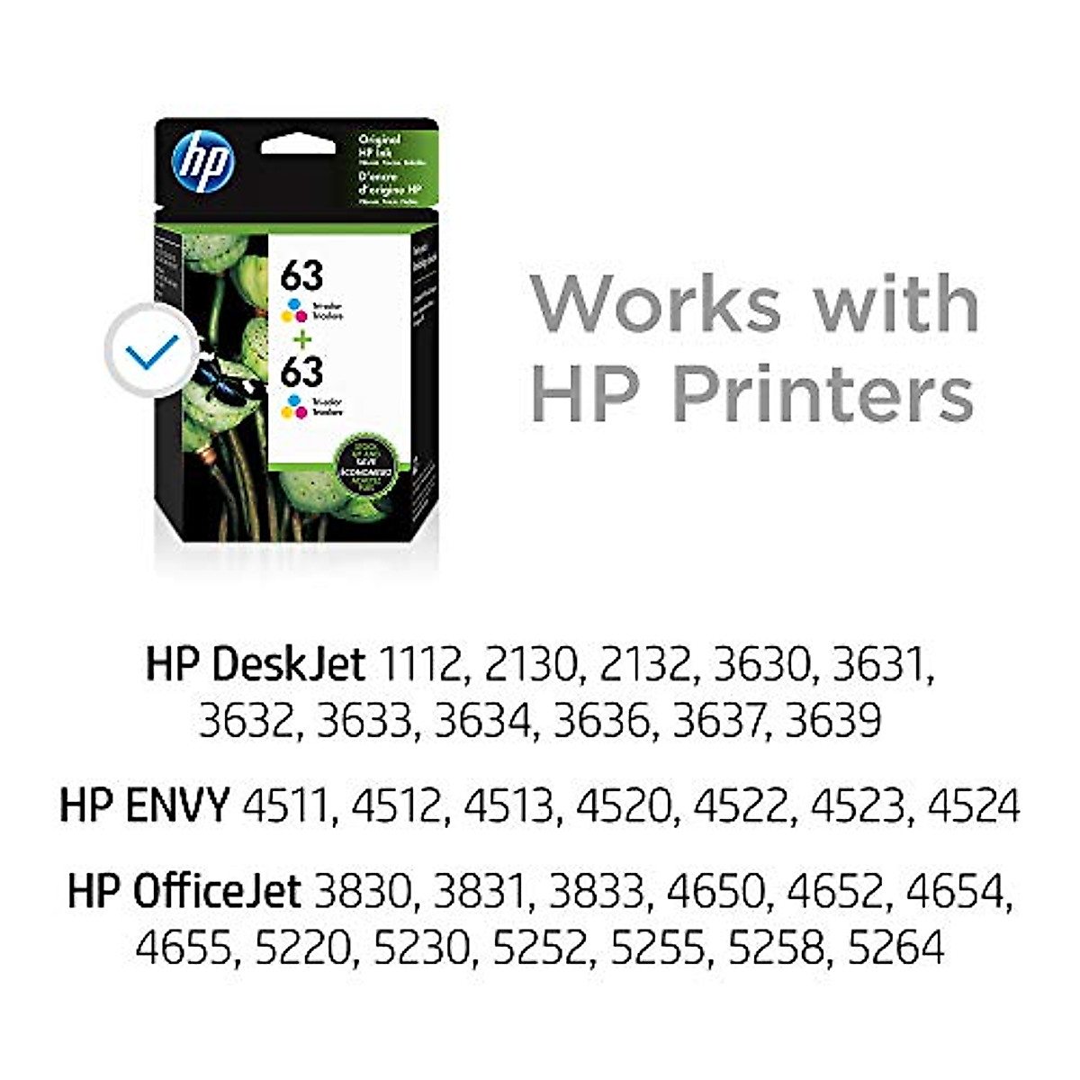 HP 63 | 2 Ink Cartridges | Tri-color | Works with HP DeskJet 1112, 2100 Series, 3600 Series, HP ENVY 4500 Series, HP OfficeJet 3800 Series, 4600 Series, 5200 Series | F6U61AN
