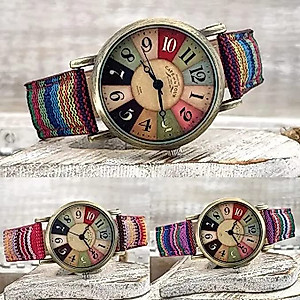 LUKYBIRDS Multi Color Rainbow Pattern Watches,Quirky Boho Hippie Watch, Wonderful Watches Gift for Women,PU Leather Woven Strap Watches