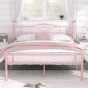 VECELO 14 Inch Queen Size Metal Platform Bed Frame with Headboard and Footboard, Heavy Duty Mattress Foundation with Steel Slats Support, No Box Spring Needed, Pink