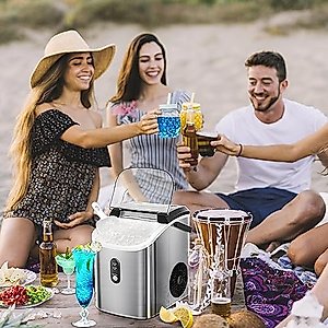 Nugget Countertop Ice Maker with Soft Chewable Ice, 34Lbs/24H, Pebble Portable Ice Machine with Ice Scoop, Self-Cleaning, One-Click Operation, for Kitchen,Office Stainless Steel Silver