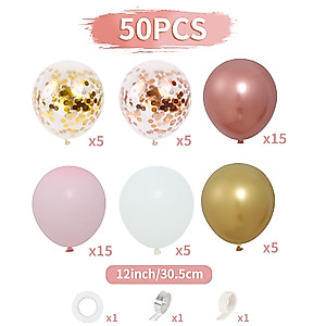 Rose Gold Pink Confetti Balloons, 50 Pack 12 inch Retro Blush Pink Gold Latex Balloons Arch with Ribbon for Birthday Engagement Party Wedding Bridal Shower Decorations