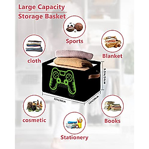 Gaming Cube Storage Organizer Bins with Handles,1PC 15x11x9.5 Inch Collapsible Canvas Cloth Fabric Storage Basket,Green Kids Game Video Games Gamepad Controller Black Kids' Toys Bin Boxes for Shelves