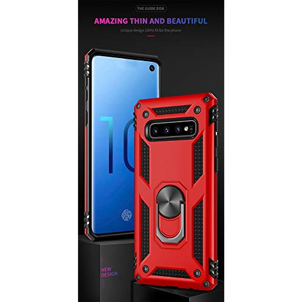 Samsung Galaxy S10 Plus Case with HD Screen Protectors, Androgate Military-Grade Metal Ring Holder Kickstand 15ft Drop Tested Shockproof Cover Case for Samsung Galaxy S10+ (2019) Red