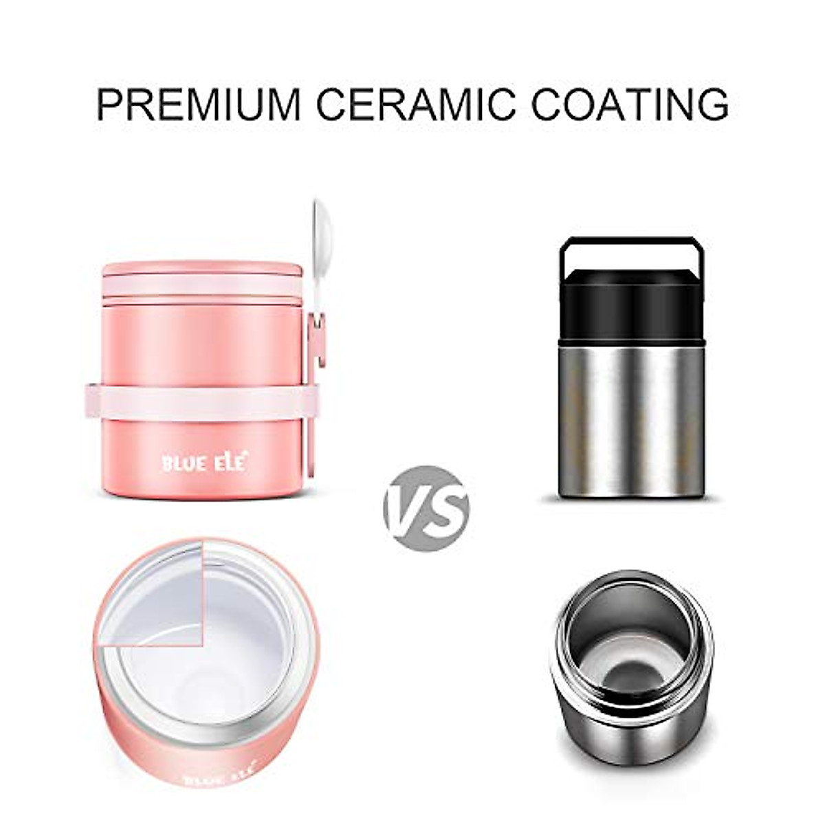 BLUE ELE Leakproof, Vacuum Insulated Thermos Hot Lunch Containers with Ceramic-Coated Stainless Steel, Easy Grip Lid, and Folding Spoon, 13.5oz, Carnation Pink