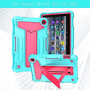EpicGadget Case for Amazon Fire 7 Tablet (12th Generation, 2022 Released) - Heavy Duty Hybrid Impact Resistant Case Cover with Kickstand + 1 Stylus and 1 Screen Protector (Teal/Pink)